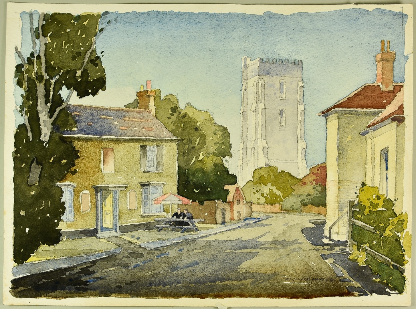Reginald Mayes | Village street scene with church tower and two figures ...
