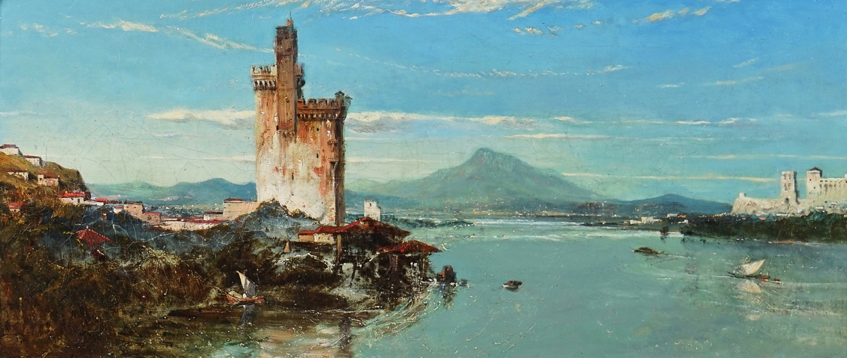 William Linton | A coastal fort overlooking a bay signed with monogram ...