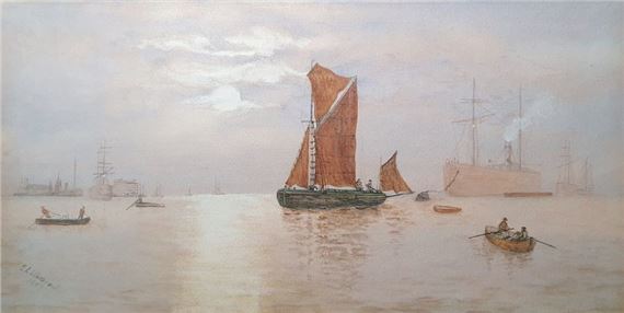 G. L. Wadsworth | Maritime scene with red masted sailing boat and ...
