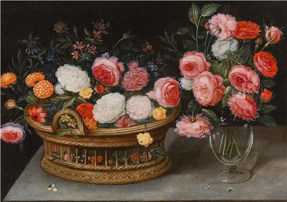 Jan Brueghel the Younger | Flower basket and vase (1630s) | MutualArt