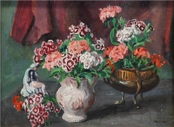 Philip Naviasky | Still life of Sweet Williams in assorted vessels with ...