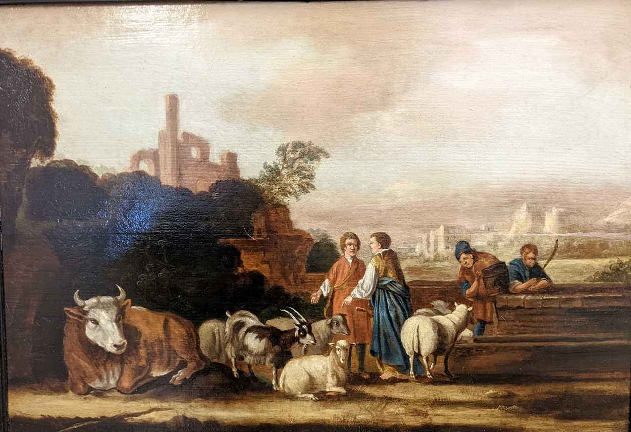 Jan Symonsz. Pynas | Figures at a well with their cattle and sheep in a ...