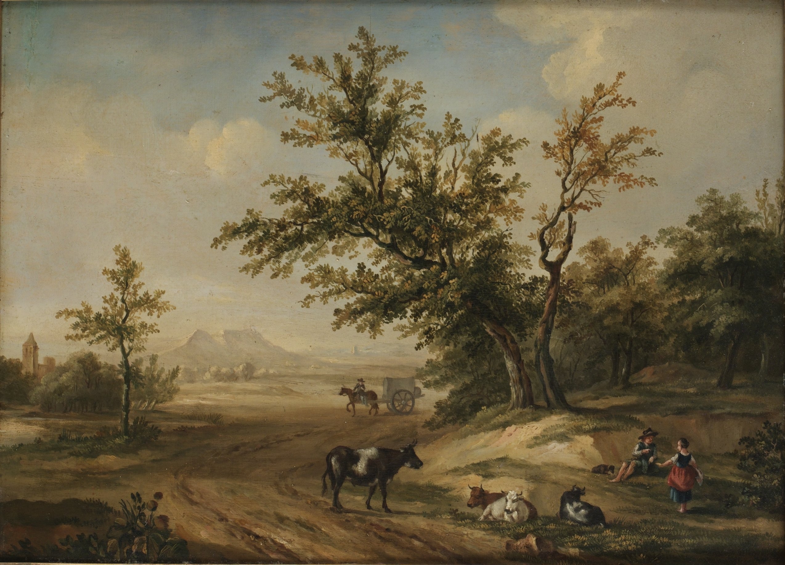 Dutch School, 18th Century | Pastoralt landskap med rastamnde figurer ...