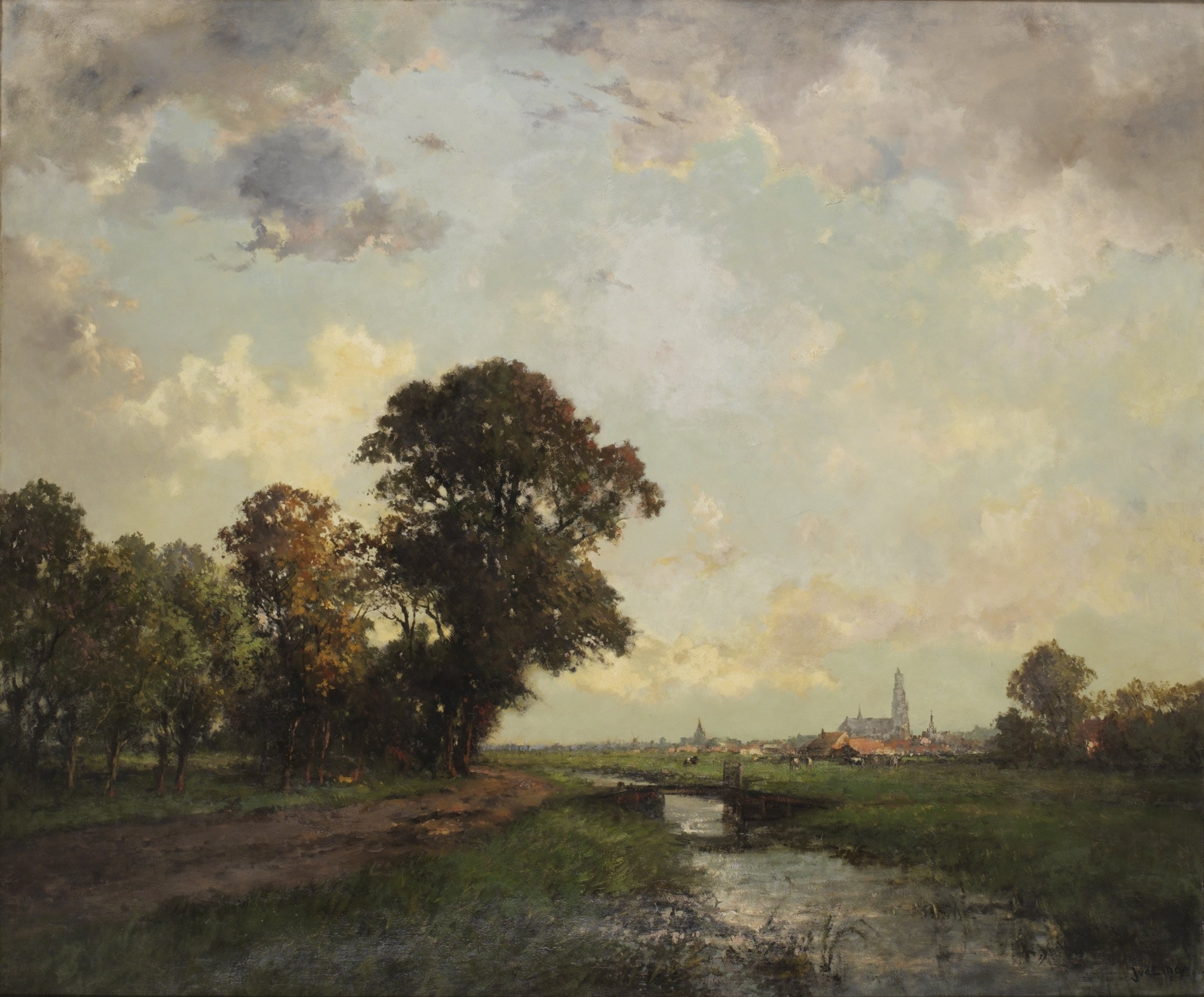 Jan van der Linde | Landskapsmotiv med samhälle i bakgrunden | MutualArt