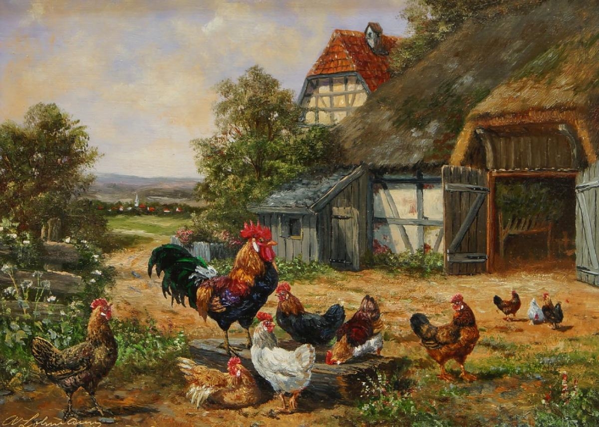 Adolf Lohmann | Farmyard scene with chickens (1928) | MutualArt