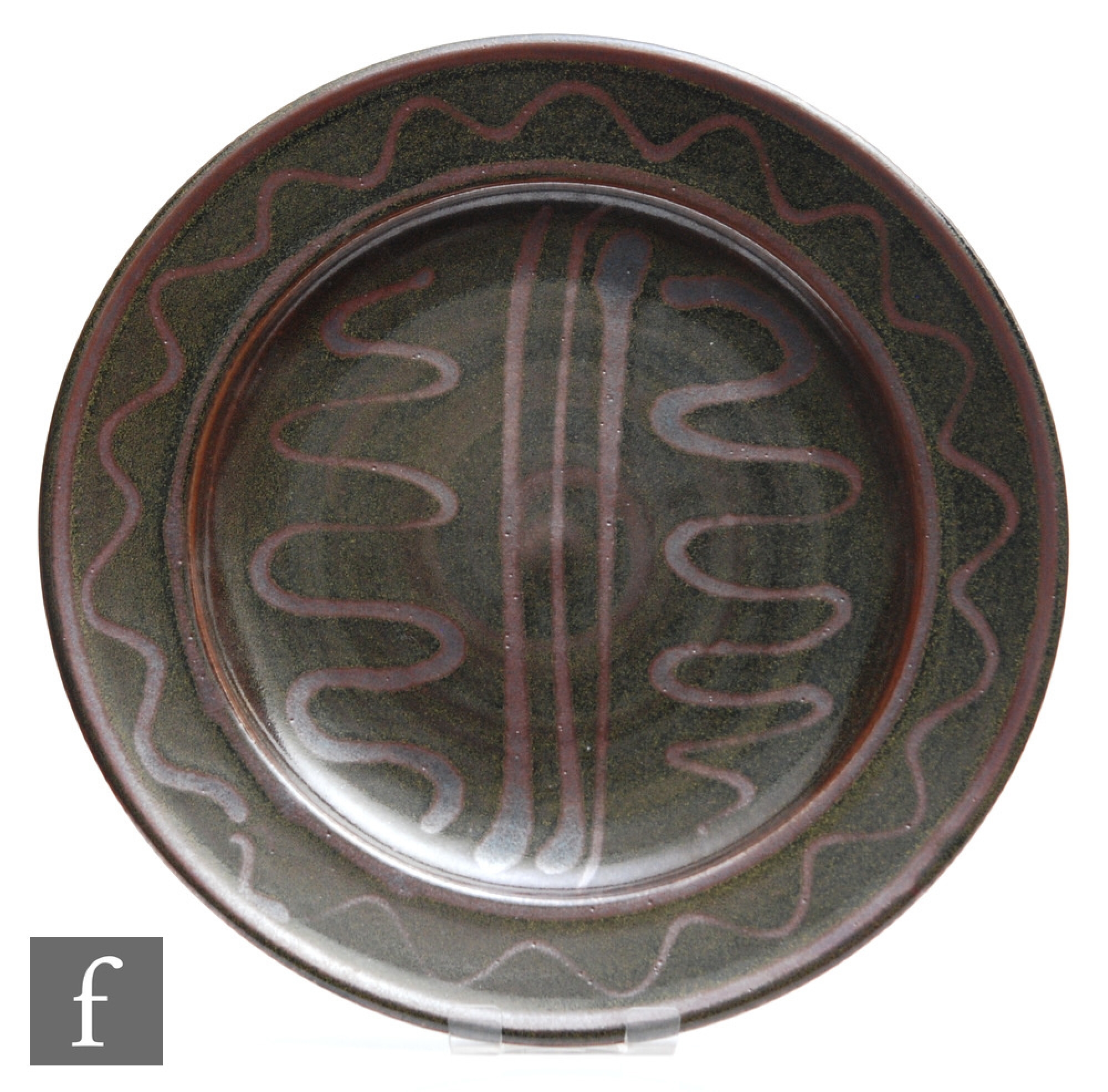 Ray Finch | dish decorated with brown wavy and straight lines in an ...