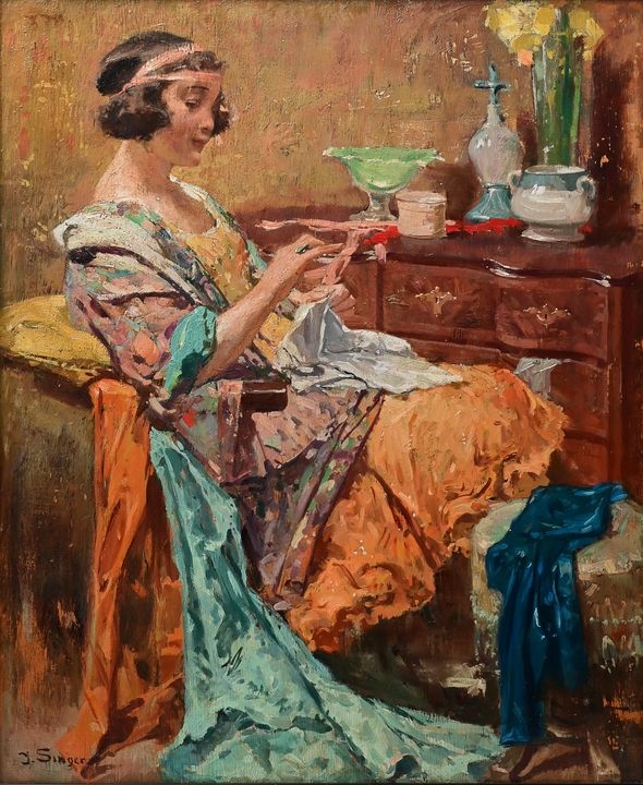 Julius Singer | Dame mit Stickarbeit (1920) | MutualArt