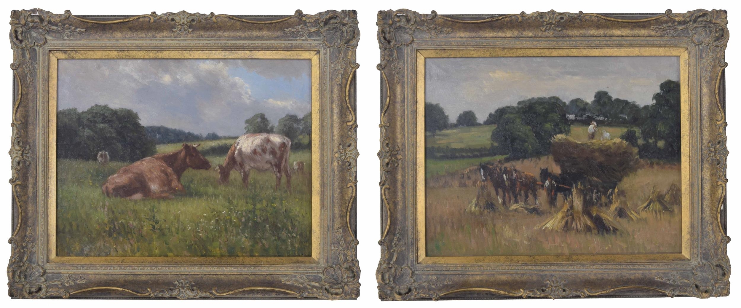James William Booth | Figures harvesting beside horses and a cart with ...