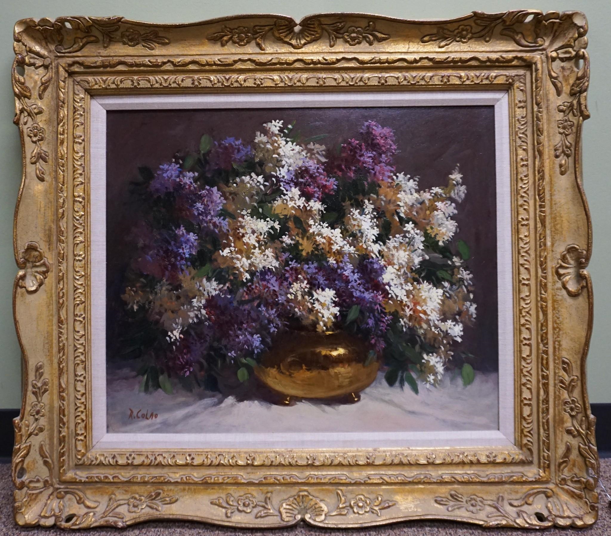 Rudolph Colao | Table Top Still Life of a Jardiniere of Lilacs | MutualArt