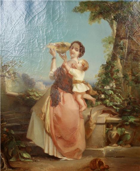 Jean-Antoine Watteau | Zomers tafereel met moeder en kind bij tuinmuur ...