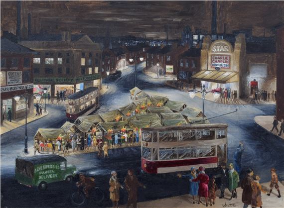 Fred Wilde | Northern town scene at night with figures and trams ...