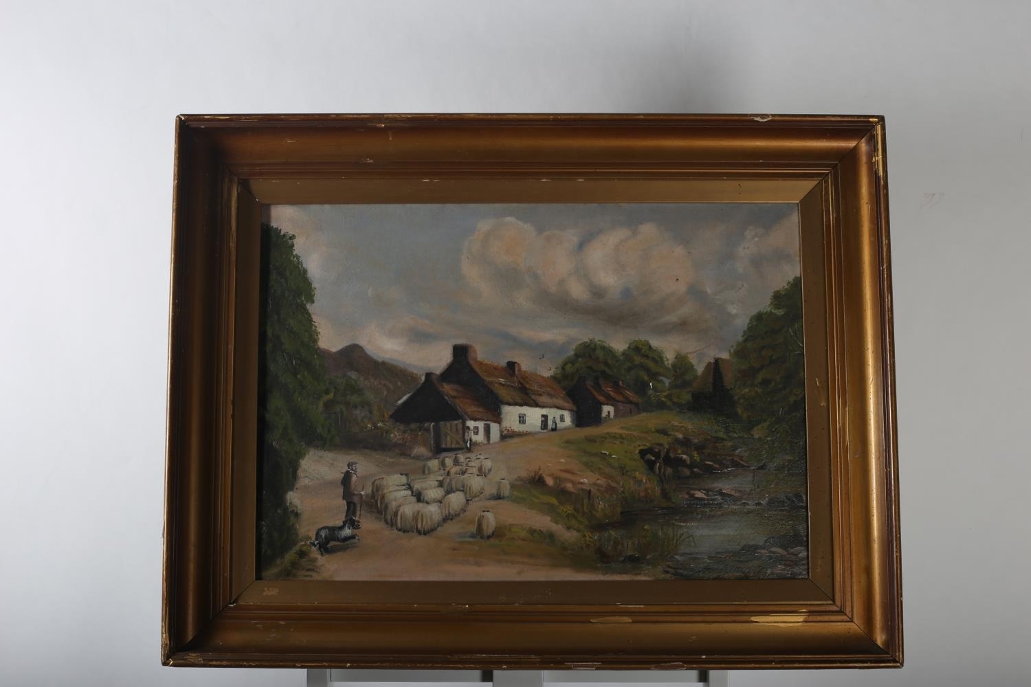 Irish School, 19th Century | Sheep and Drover with Cottages by a River ...