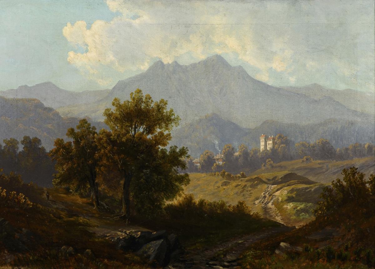 Ludwig Skell | Mountain landscape with castle | MutualArt