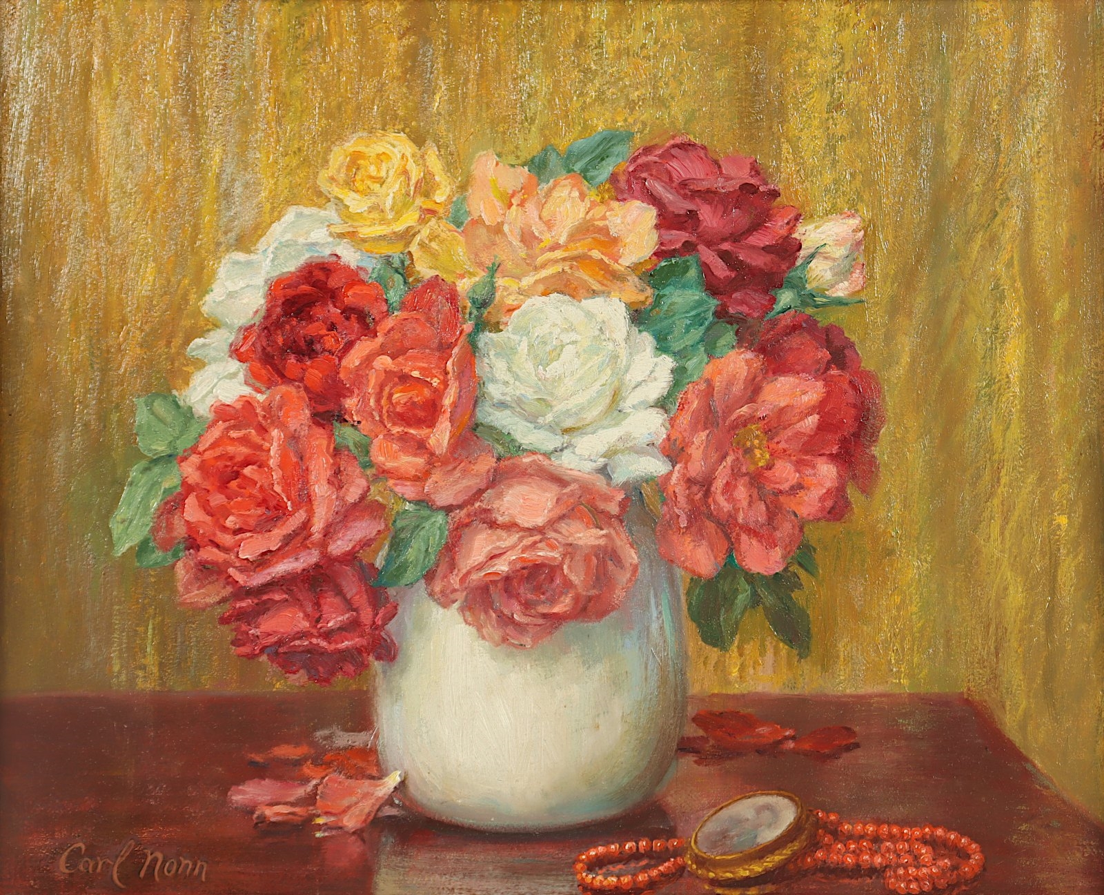Carl Nonn | Stilleben mit Rosen, Kette und Brosche | MutualArt