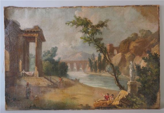 Hubert Robert | Landscape with washerwomen | MutualArt