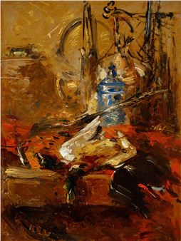 Maria Vos | Still life with a goldfish bowl and various papers on a ...