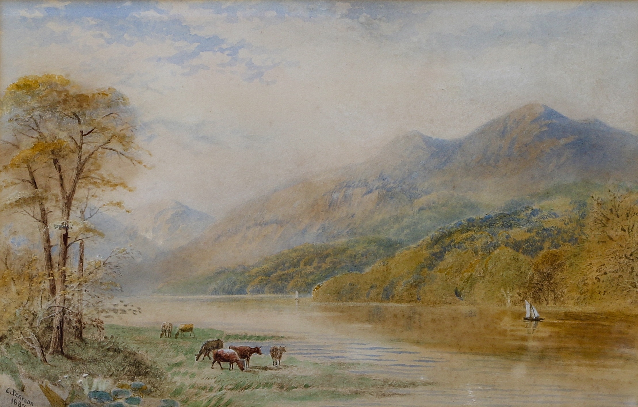 Cornelius Pearson | Lakeland landscape with cattle and sailing boat ...