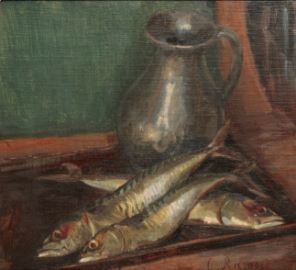 Chris Riisager | Still life study of mackerel and a jug (1998) | MutualArt