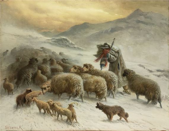 August Friedrich Albrecht Schenck | Shepherd with a flock of sheep in a ...