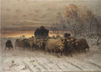 August Friedrich Albrecht Schenck | Sheeps in a winter storm | MutualArt