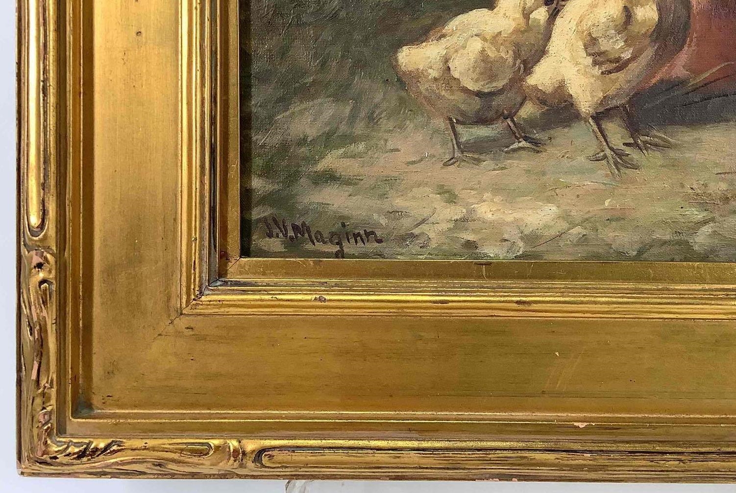 James Vincent Maginn | A brood of baby chickens in barnyard | MutualArt