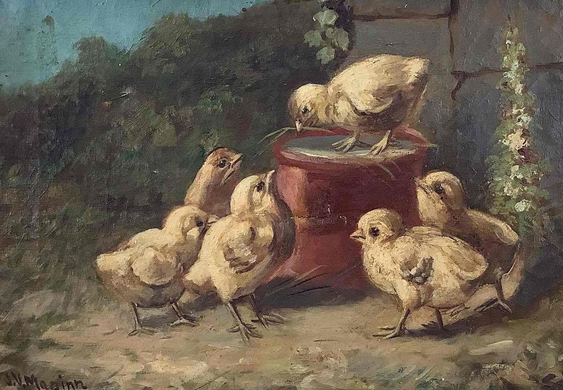 James Vincent Maginn | A brood of baby chickens in barnyard | MutualArt