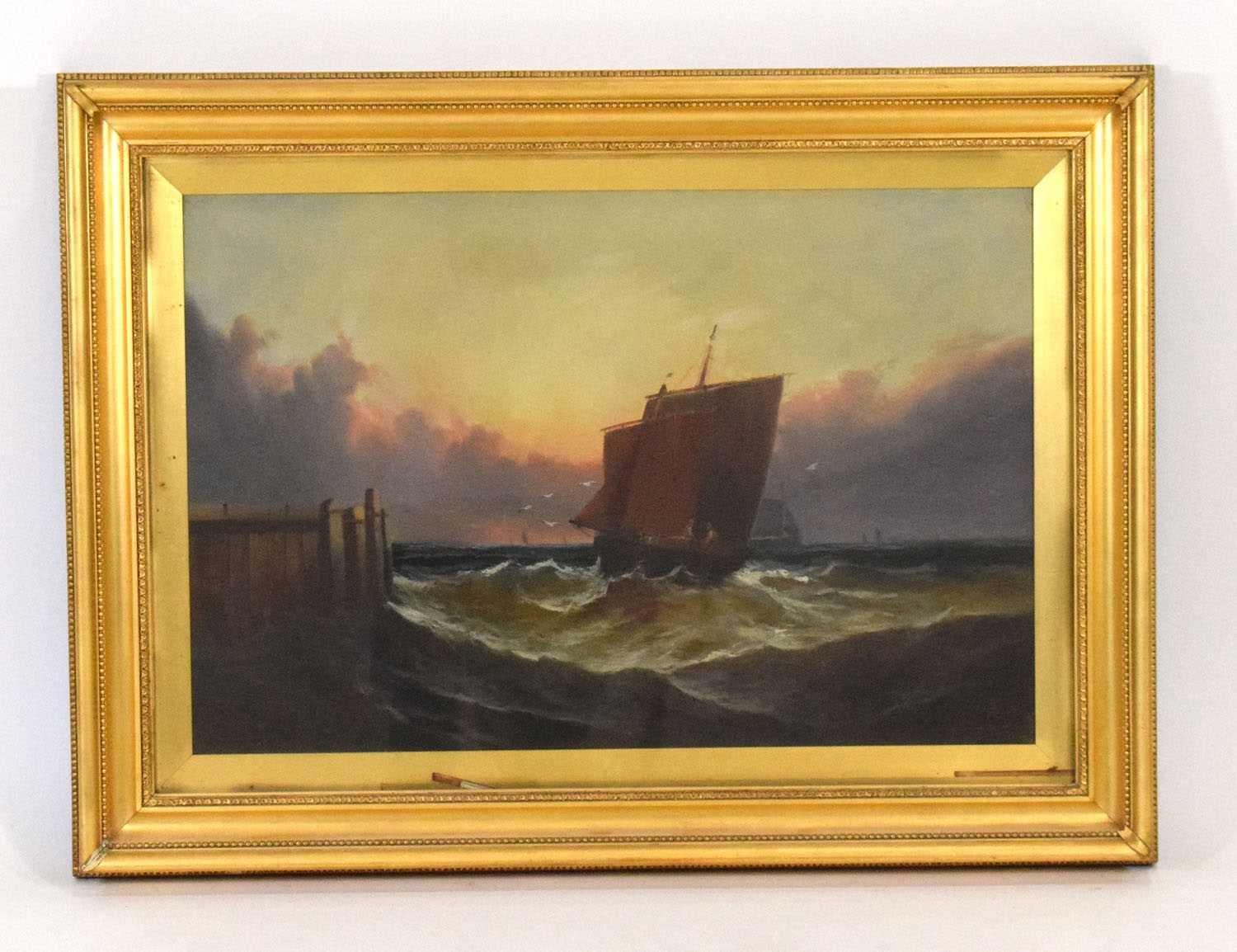 F. Walters | A red-sailed ship in a stormy sea, heading for harbour ...