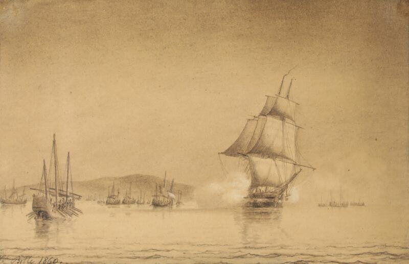 Carl Ludwig Bille | Seascape with battleships in fight (1860) | MutualArt