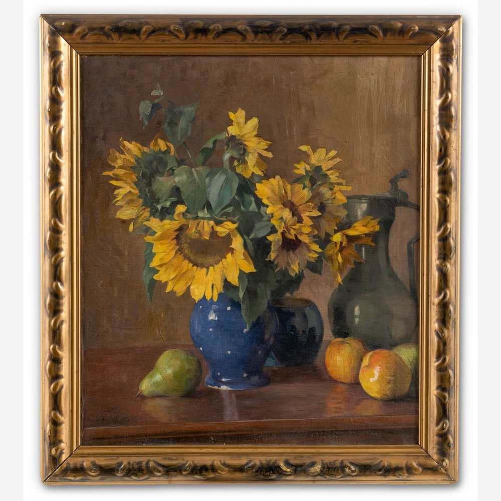 Oskar Heller | Stillleben mit Sonnenblumen, Zinnkrug, Äpfeln und Birne (1920) | MutualArt