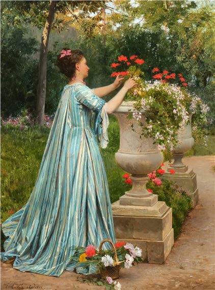 Louis-Emile Adan | Female fixing flowers in an urn | MutualArt