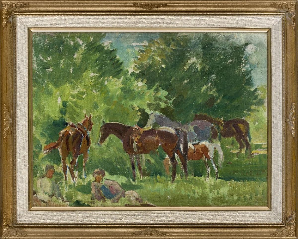Frederic Whiting | A grassy landscape with horses and figures on a summer day | MutualArt