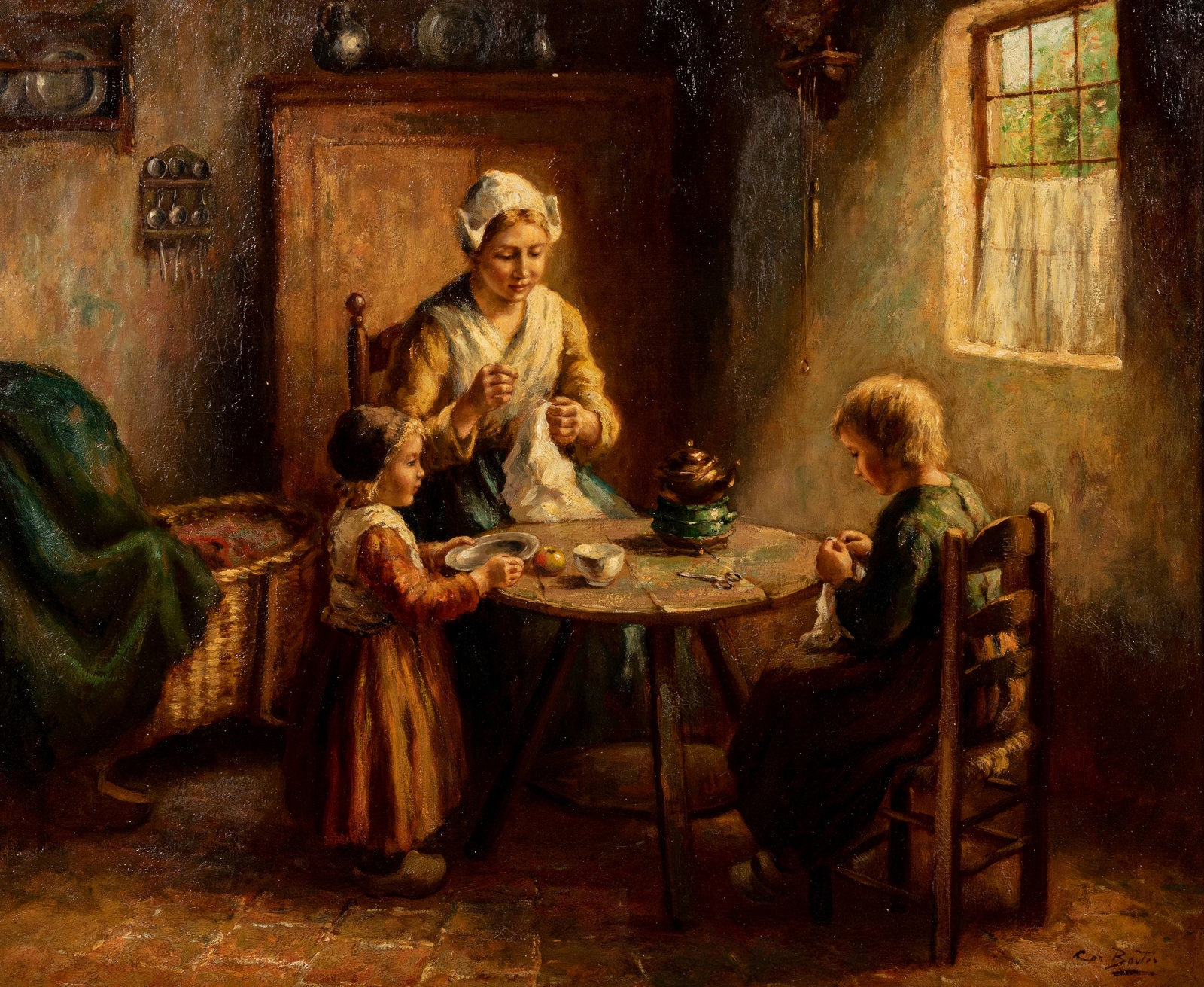 Cornelis Bouter | Interior Scene with Mother and Two Children | MutualArt
