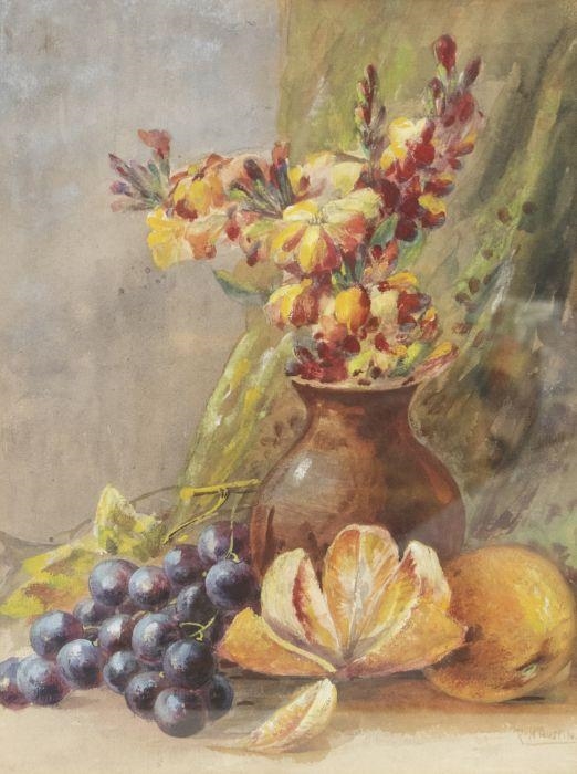 R. Austin | Still life with vase of flowers and fruit to the foreground ...
