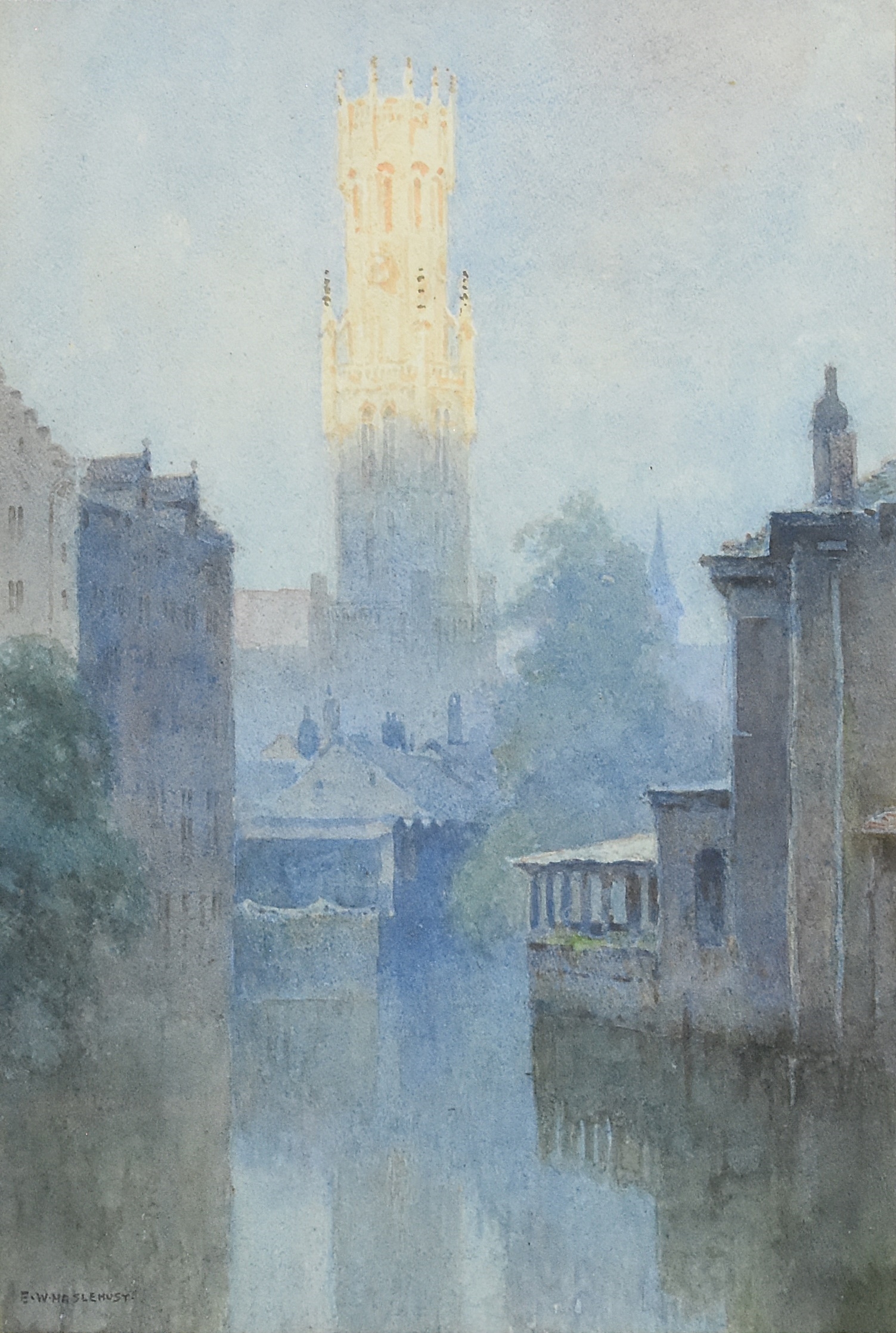 Ernest W. Haslehust | Bruges Canal Scene with Belfry Tower at Dusk ...