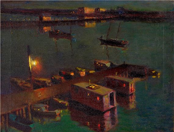 Charles Rollo Peters | Houseboats and Wharf Nocturne (1925) | MutualArt