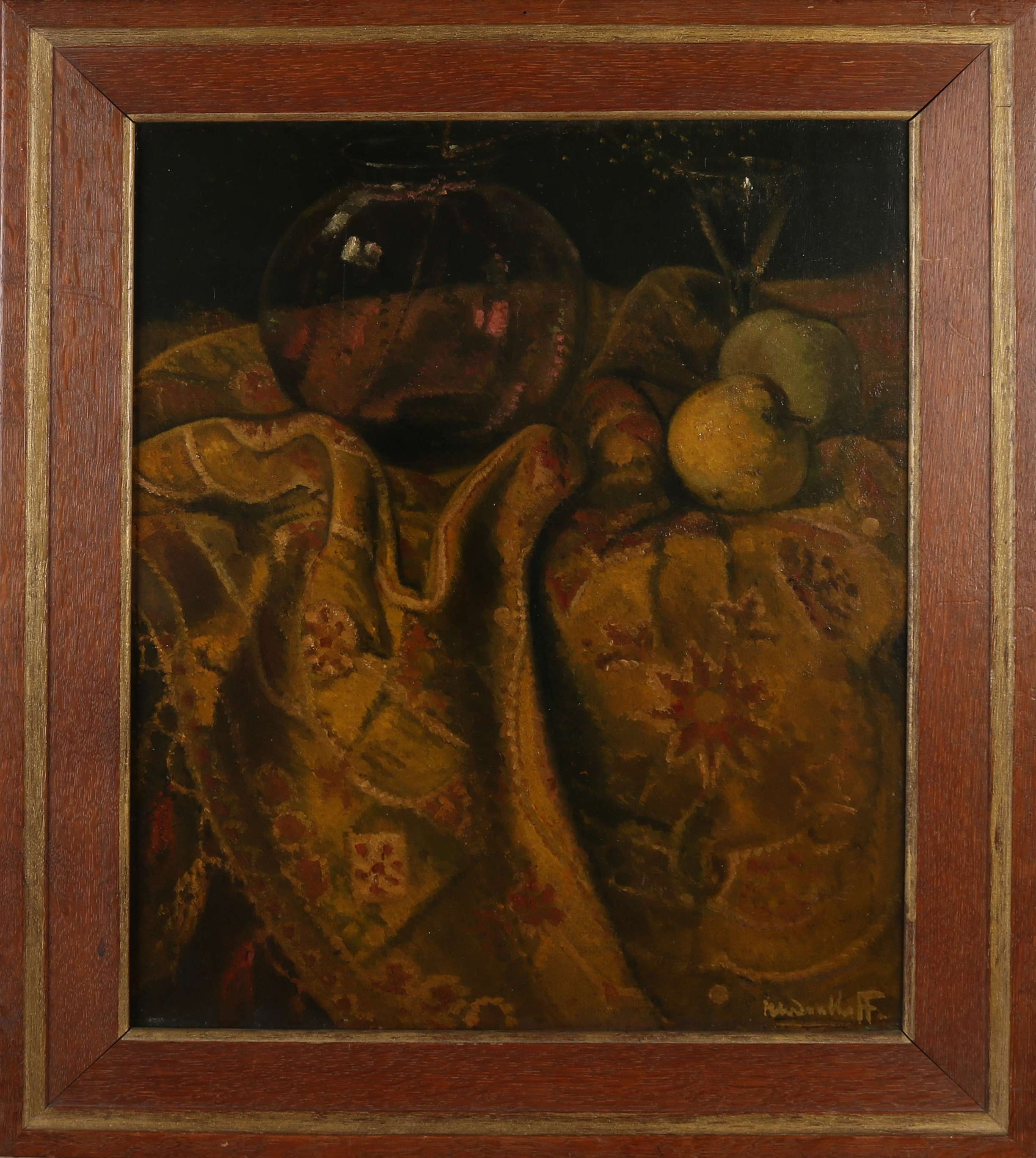 Hermanus Antonius van Daalhoff | Stilleven met glas, kleed en fruit. | MutualArt