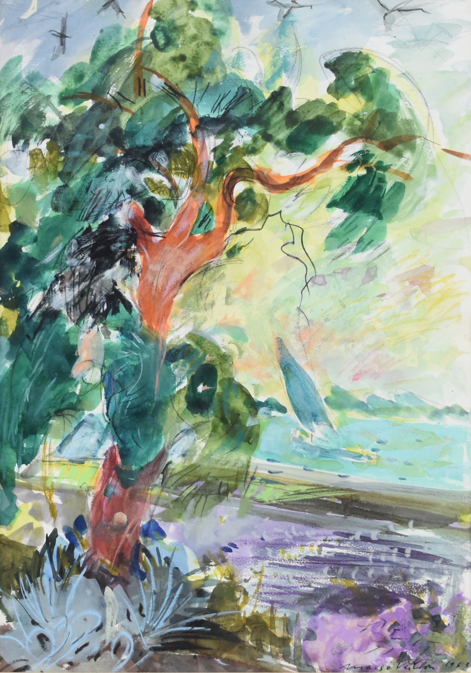 Margot Veillon | Sailboat on a Tree Lined River (1963) | MutualArt