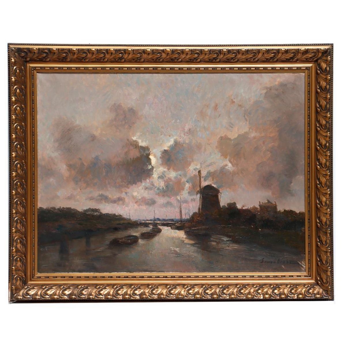 German Grobe | Untitled (River landscape with windmill and boats ...