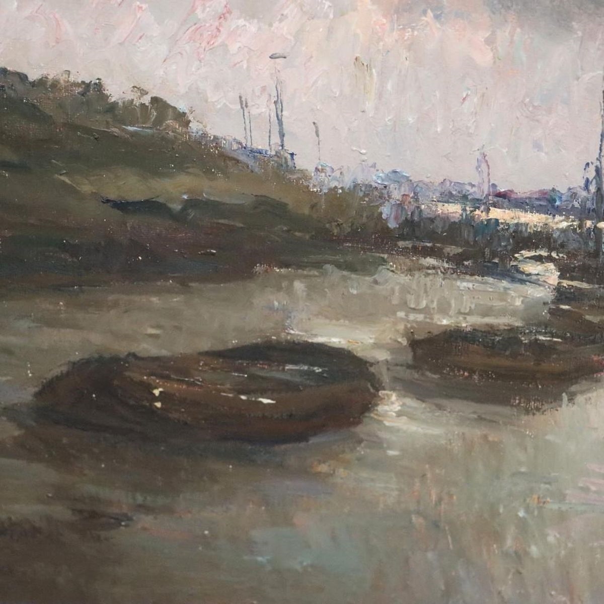 German Grobe | Untitled (River landscape with windmill and boats ...