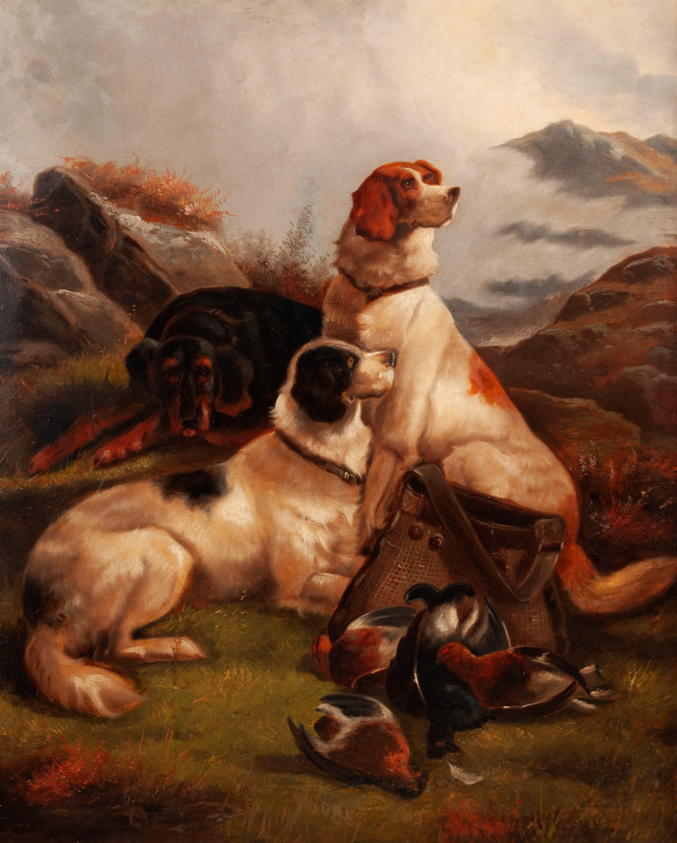 Robert Cleminson | Three hunting dogs with their game in a mountainous landscape | MutualArt