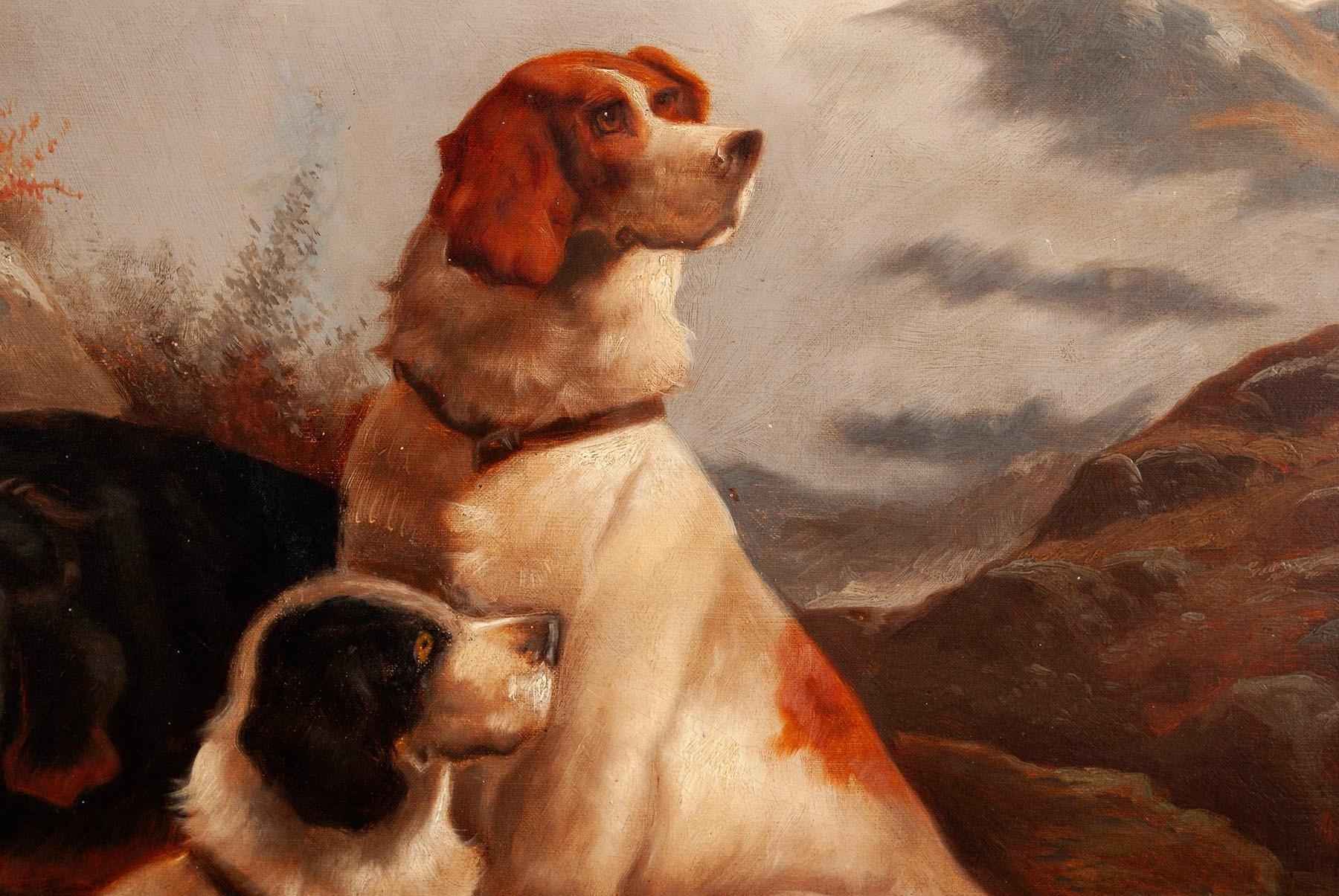 Robert Cleminson | Three hunting dogs with their game in a mountainous landscape | MutualArt