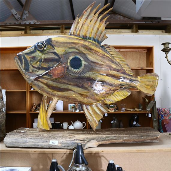 Clive Fredriksson | large painted sculpture of a fish on plinth | MutualArt