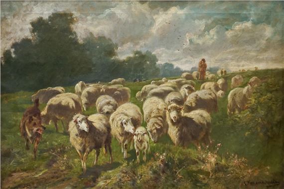 Belgian School, 19th Century | Shepherd with Flock of Sheep in Pasture ...