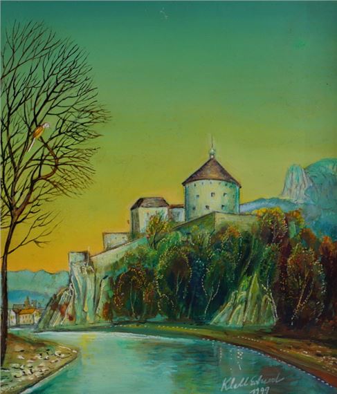 Eduard Klell | Ansicht einer Burganlage, die hoch über einem Flusslauf ...