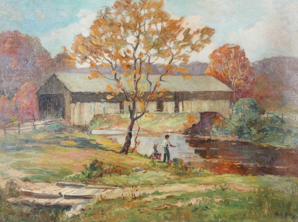 Jess Hobby | A covered bridge in Autumn | MutualArt
