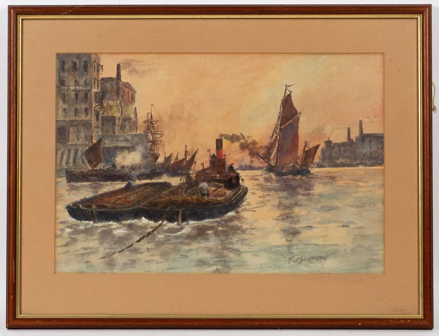 Frederick William Scarborough | River with steam barges and further ...