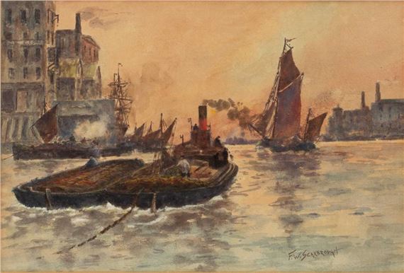 Frederick William Scarborough | River with steam barges and further ...