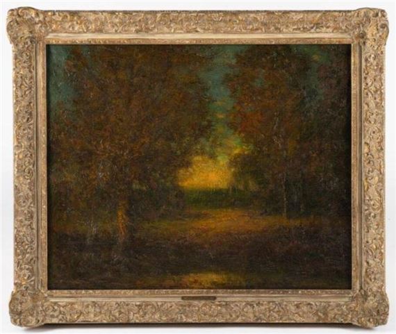 Hudson Mindell Kitchell | Old Oil Painting of Woods Path sgd H.M ...