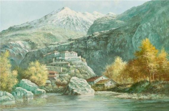 Yoo Hyun Bo | An Oil painting on Canvas depicting buildings nestled ...
