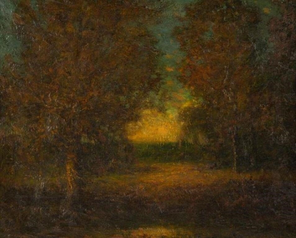 Hudson Mindell Kitchell | Old Oil Painting of Woods Path sgd H.M ...